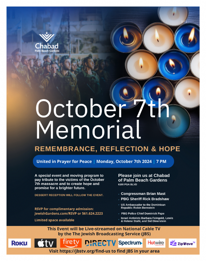 October 7th Memorial | Event Reservations | Chabad of Palm Beach Gardens